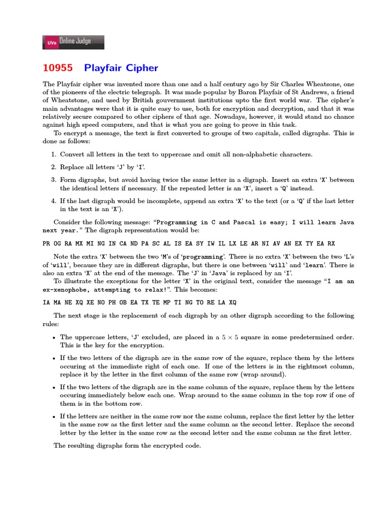 Playfair Cipher: × 5 Square in Some Predetermined Order | PDF | Cipher | Cryptography