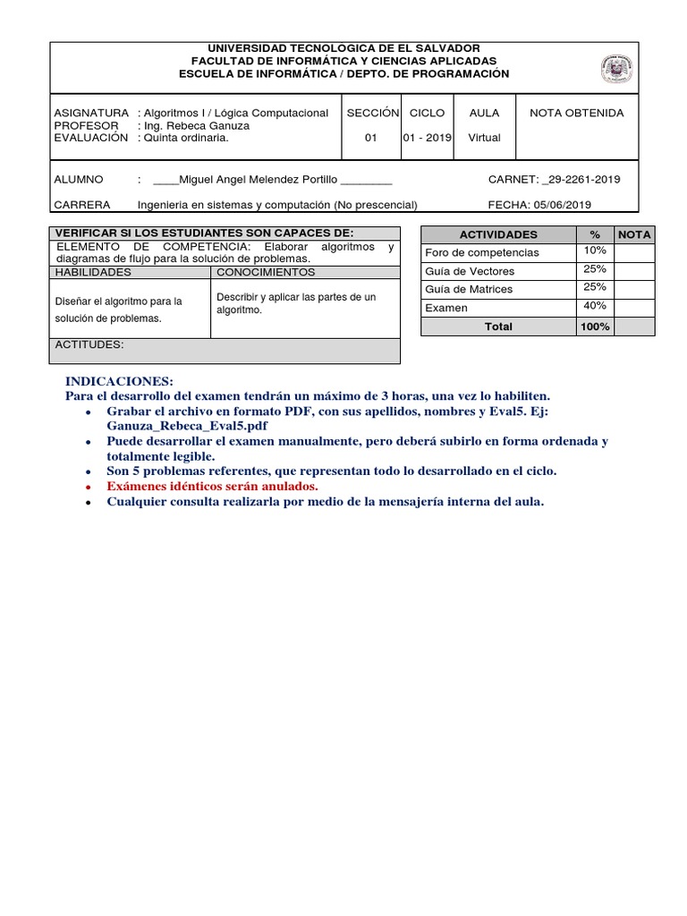 Melendez Miguel Eval5 | PDF | Prueba (evaluación) | Algoritmos