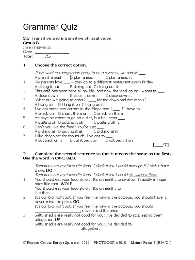 Grammar Quiz Unit 3 (3-3) Group B | Download Free PDF | Grammar ...