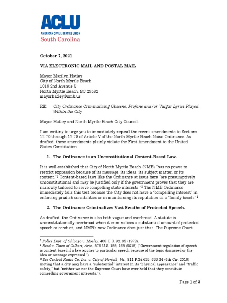 ACLU Letter To N Myrtle Beach - Noise Ordinance (10.7.21) | PDF | First ...