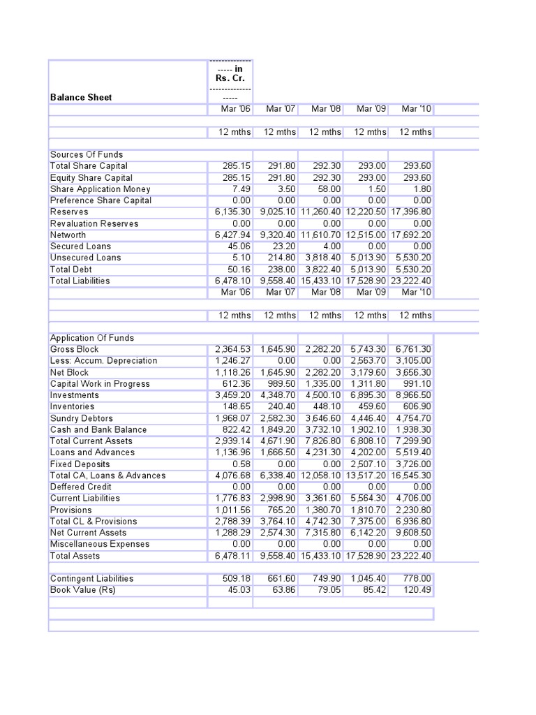 Five Year Balance Sheet and Profit & Loss Data for Company | PDF ...