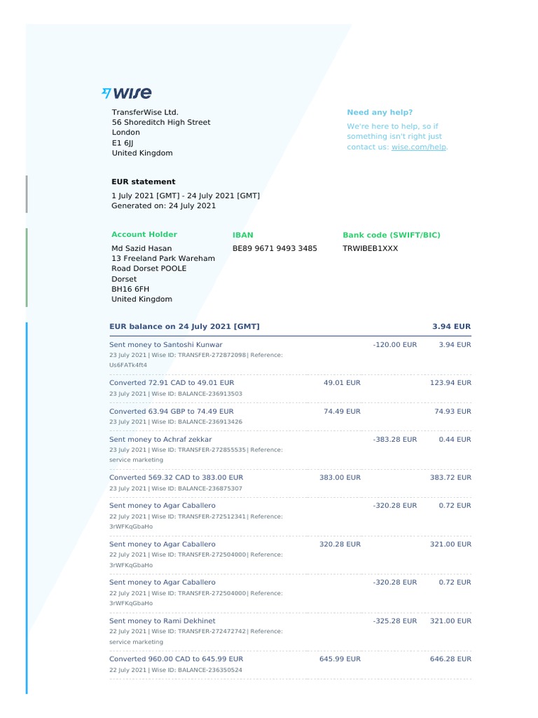 EUR Statement: Account Holder Iban Bank Code (SWIFT/BIC) | Download ...