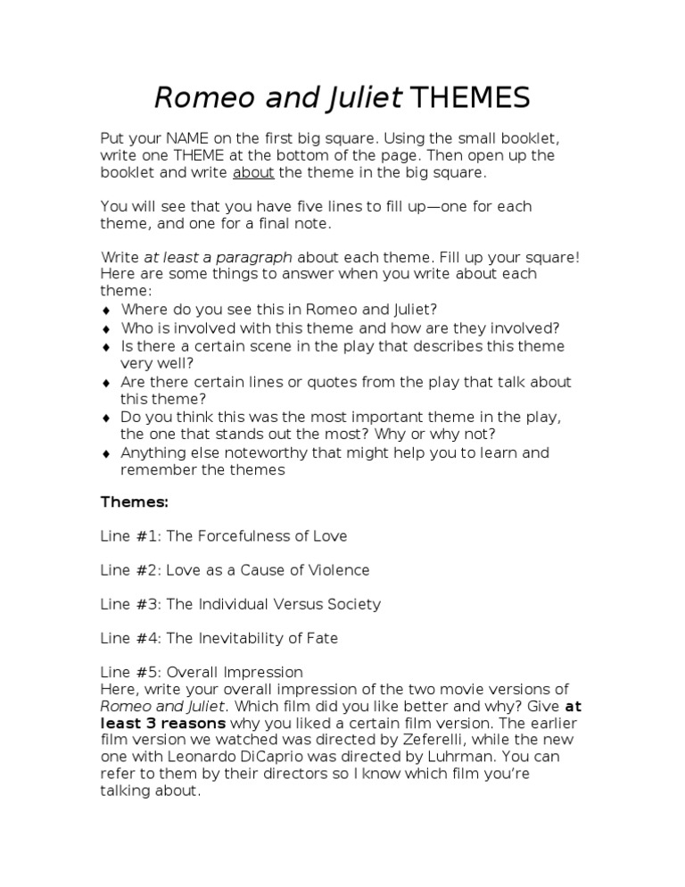 Romeo and Juliet THEMES Worksheet | PDF | Romeo And Juliet
