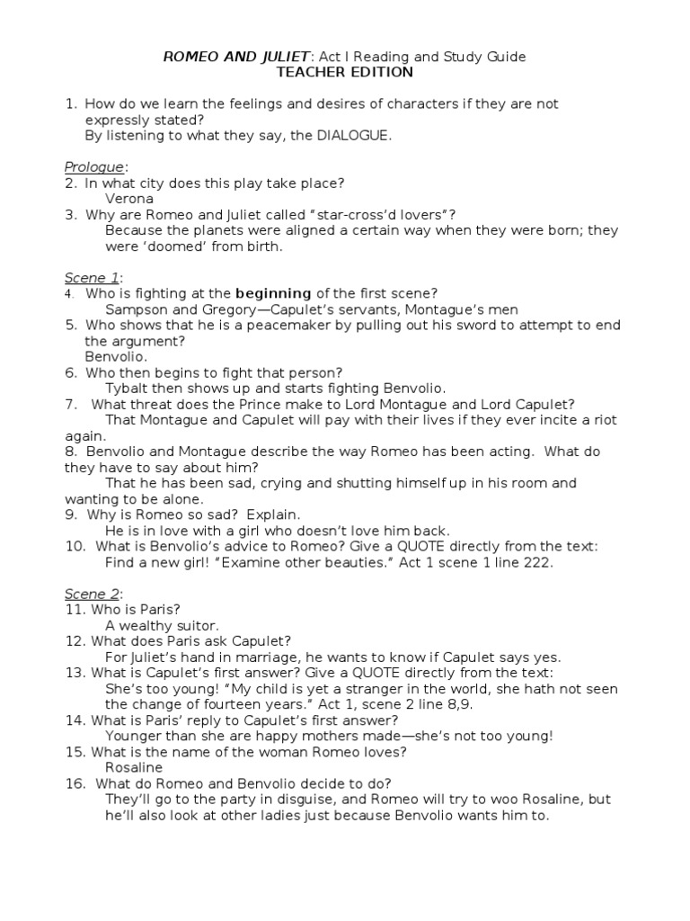 Act 1 Study Guide for Romeo and Juliet | PDF | Characters In Romeo And ...