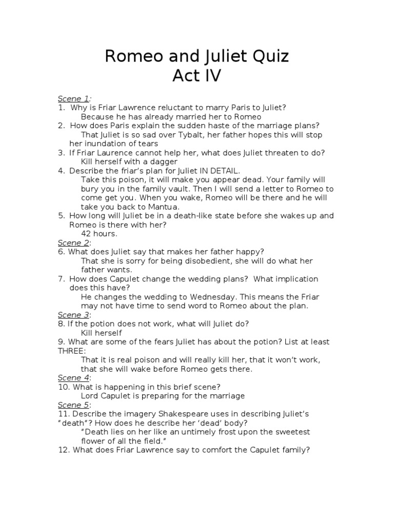 Act IV Quiz Mrs. P Teacher Edition | PDF | Characters In Romeo And ...