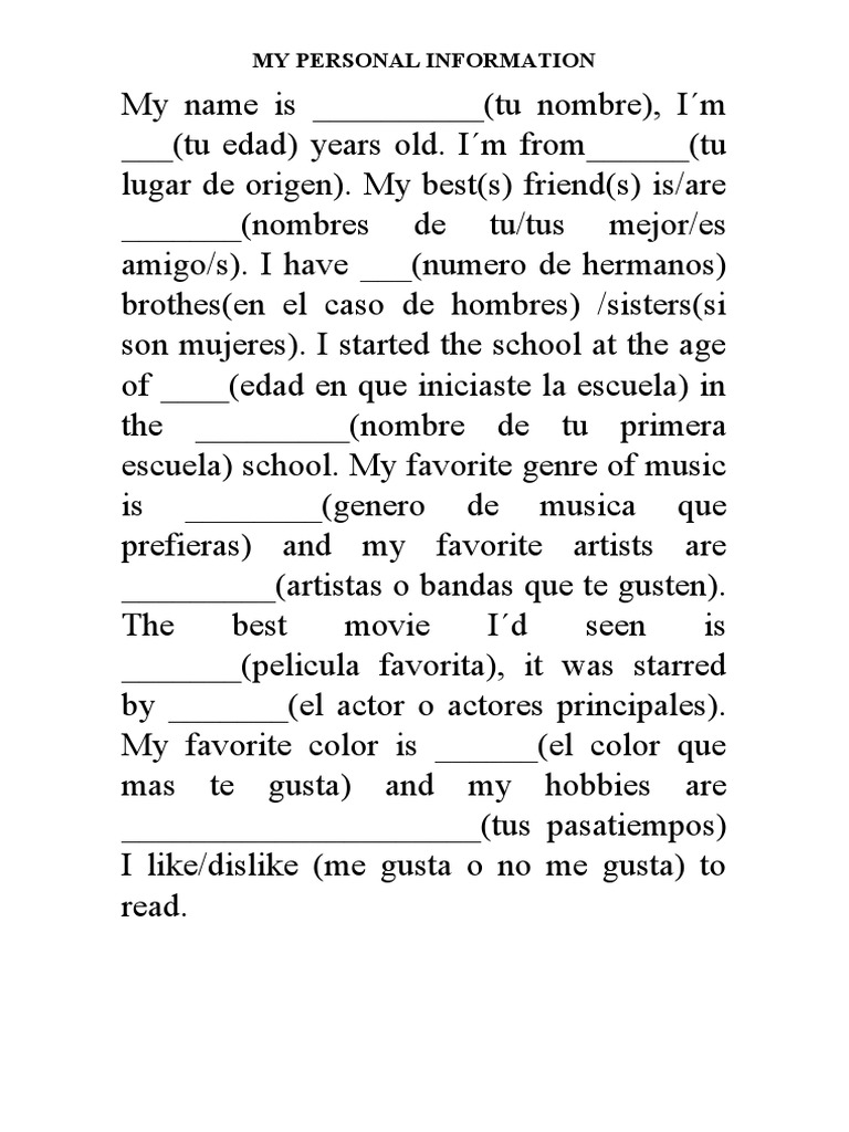 Ejemplo de Información Personal en Inglés | PDF | Artes del Lenguaje y ...