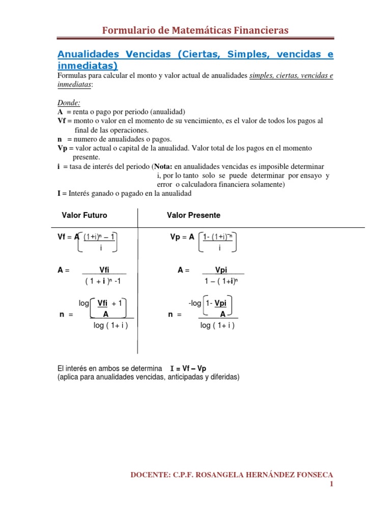 Formulario ANUALIDADES | PDF | Finanzas Matemáticas | Enseñanza de ...