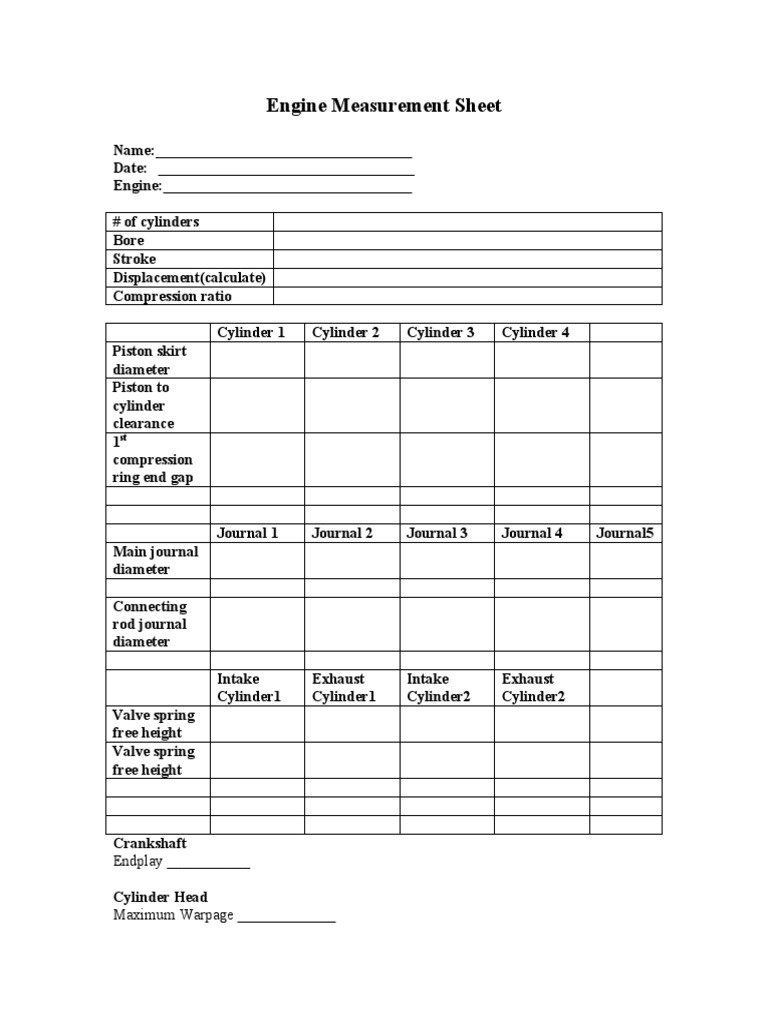 Engine Measurement Worksheet | PDF