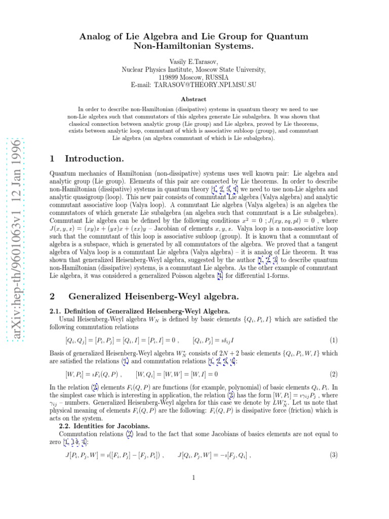 Lie Algebra Analog and Lie Group For Non-Hamiltonian Quantum Systems ...