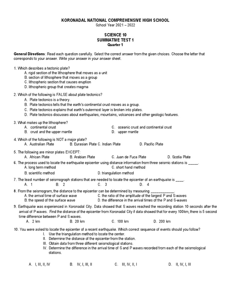 G10 Science Summative Test 1 Q1 | PDF | Plate Tectonics | Earthquakes