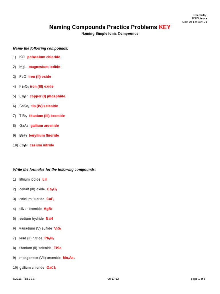 Naming Ionic Compounds Practice Worksheet Key Free Printable Binary