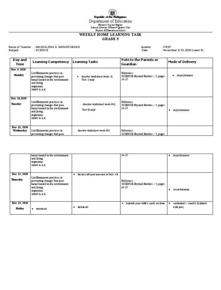 Department of Education: Weekly Home Learning Task Grade 5 | PDF