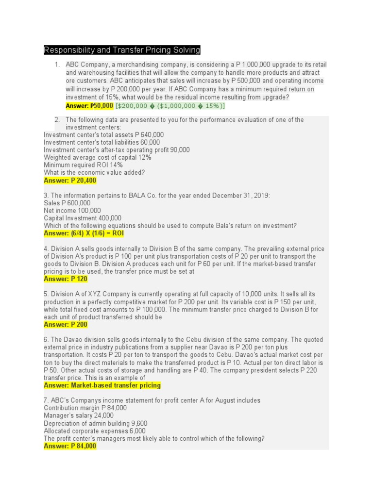 Responsibility and Transfer Pricing Solving: Answer: P | PDF | Prices ...