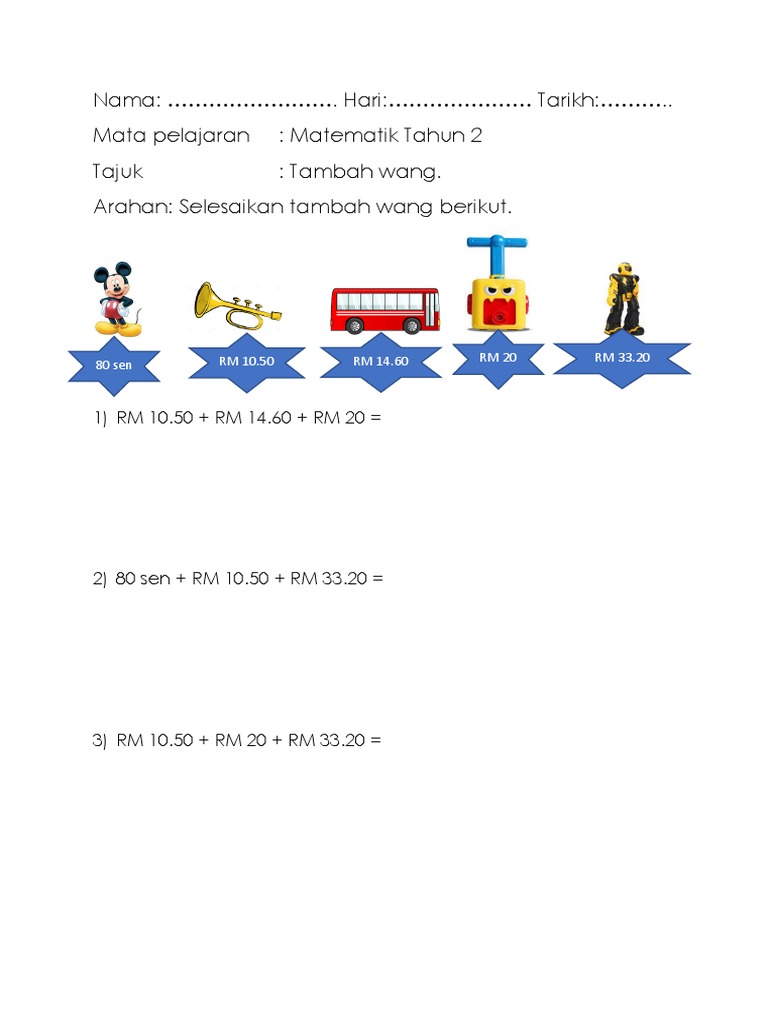 Latihan Tambah Wang Tahun 2 | PDF