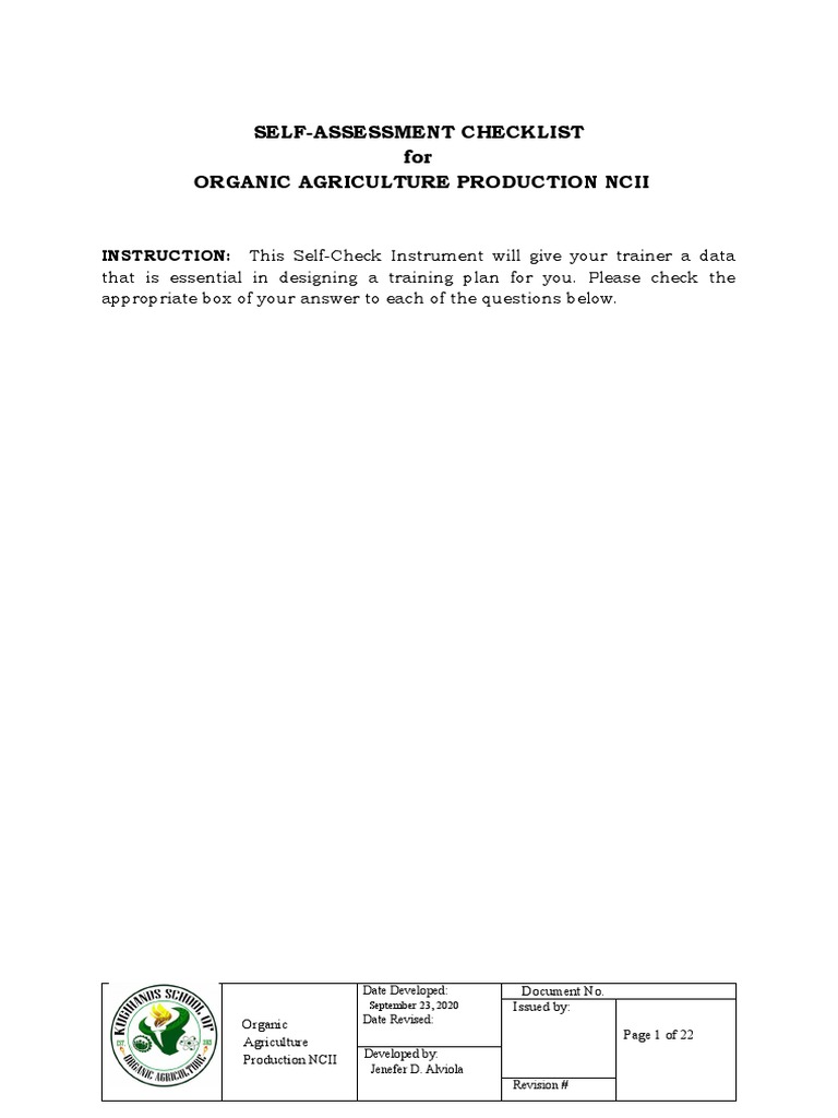 Self-Assessment Checklist For Organic Agriculture Production Ncii | PDF ...