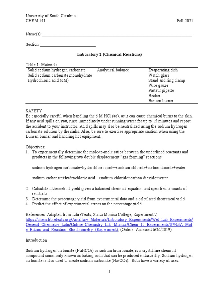 CHEM 141 Lab 2 (Reactions) Procedure | PDF | Stoichiometry | Chemical ...