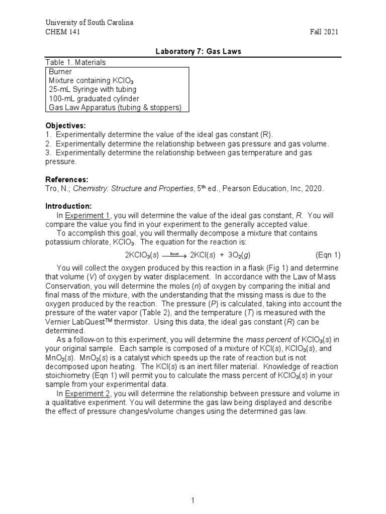 CHEM 141 Lab 7 (Gas Laws) Procedure | PDF | Gases | Physical Chemistry