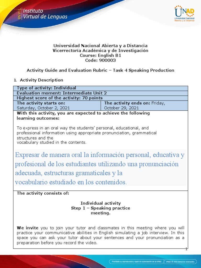 UNAD TRADUCIDO - Activities Guide and Evaluation Rubric - Unit 2 - Task 4 - Speaking Production ...