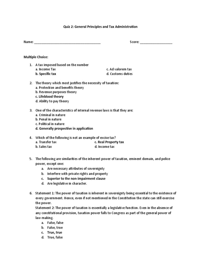 2.1.1 Quiz 2 - Answer Key | PDF | Taxes | Taxation In The United States