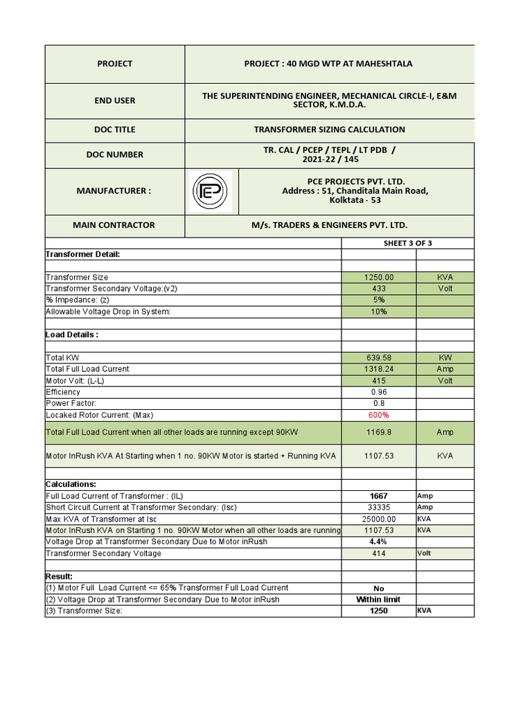 Transformer Sizing Calculation for WTP | PDF | Transformer | Electricity