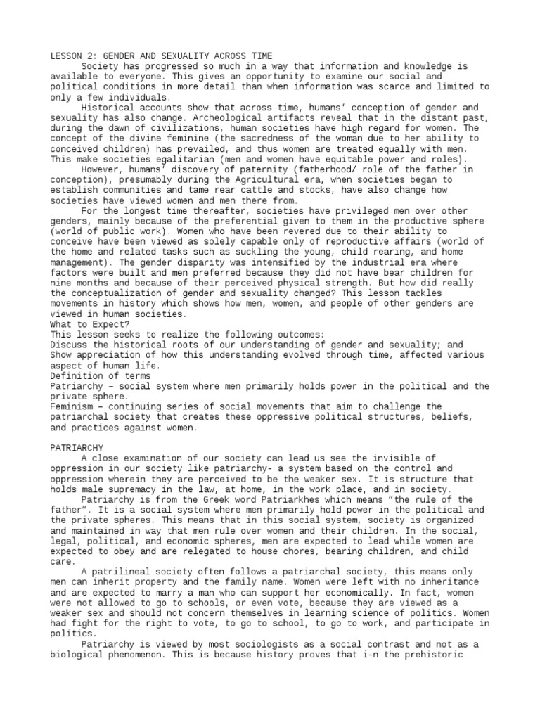 Lesson 2: Gender and Sexuality Across Time | PDF | Patriarchy | Gender ...