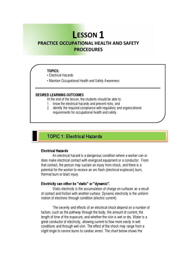 Lesson 1 PRACTICE OCCUPATIONAL HEALTH AND SAFETY PROCEDURES | PDF ...