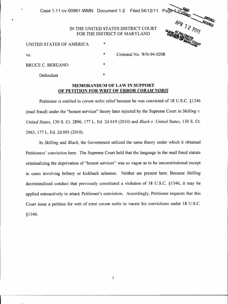 Bruce Bereano Memo To Overtun Convictions | PDF | Coram Nobis | Mail ...