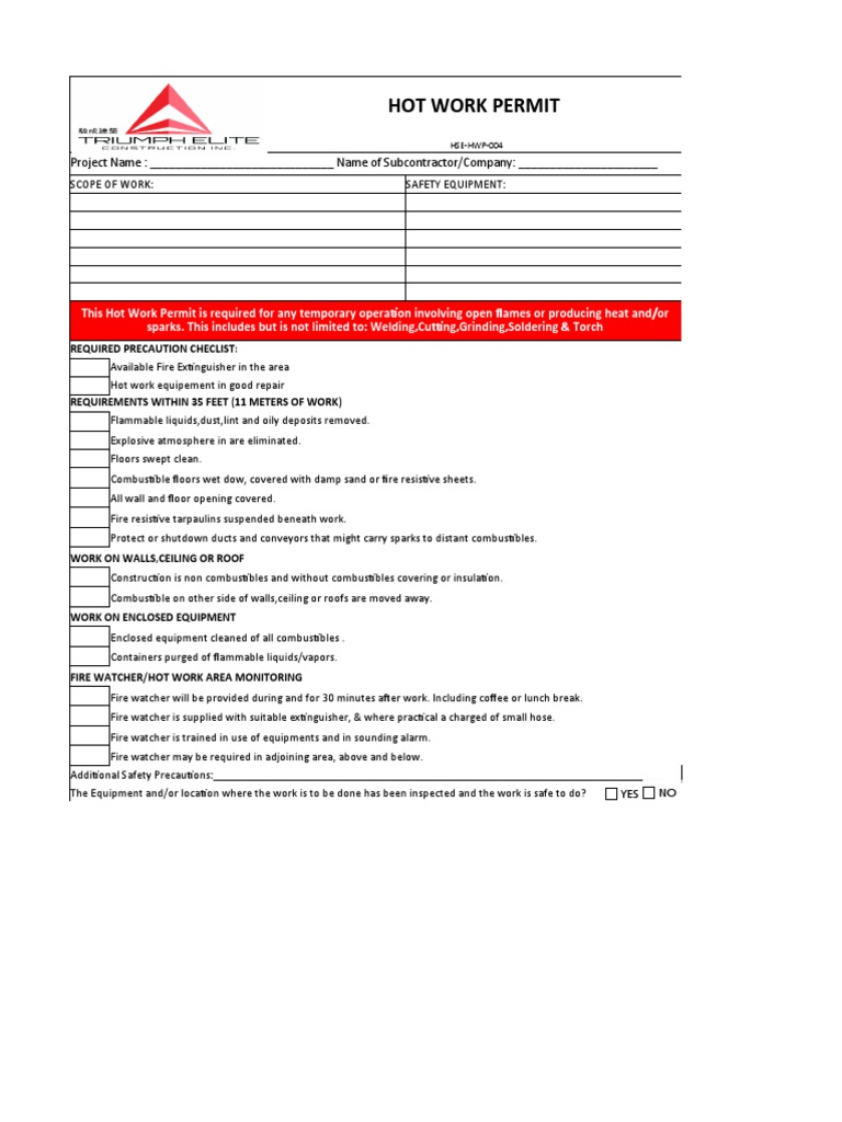 Hot Work Permit: Project Name: - Name of Subcontractor/Company | PDF ...