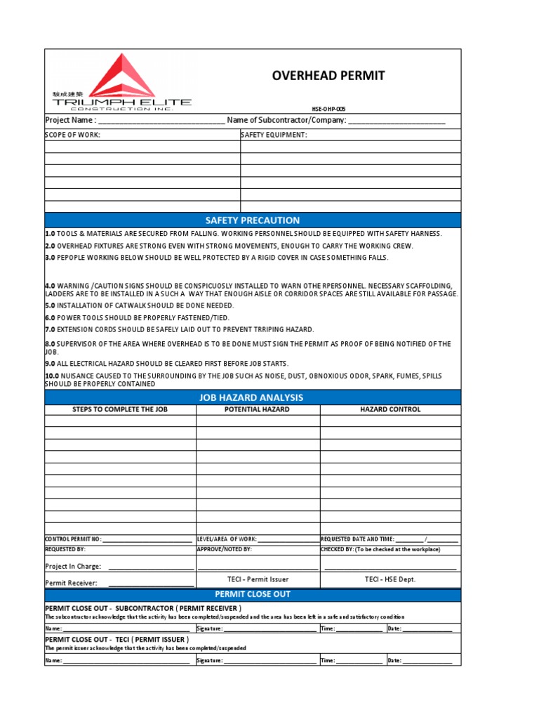 Overhead Permit | Download Free PDF | Working Conditions | Workplace