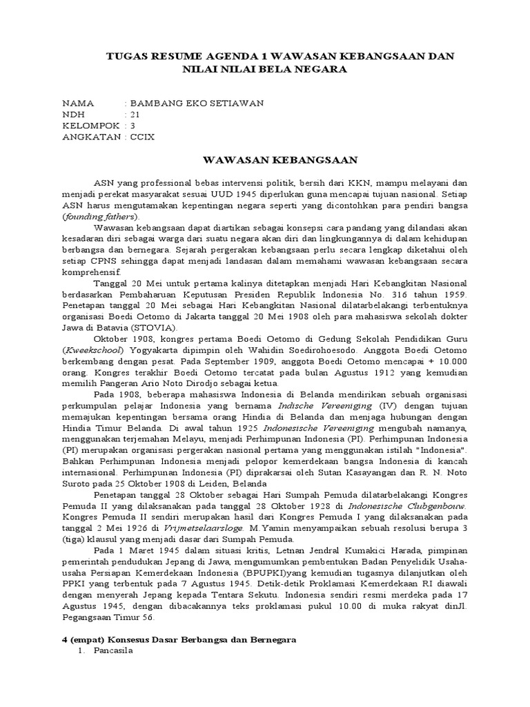 Tugas Resume Agenda 1 Wawasan Kebangsaan Dan Nilai Nilai Bela Negara | PDF