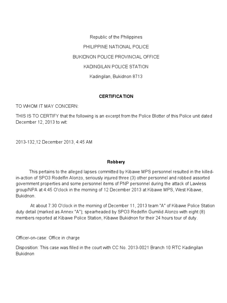Police Blotter Certification - Bukidnon | PDF