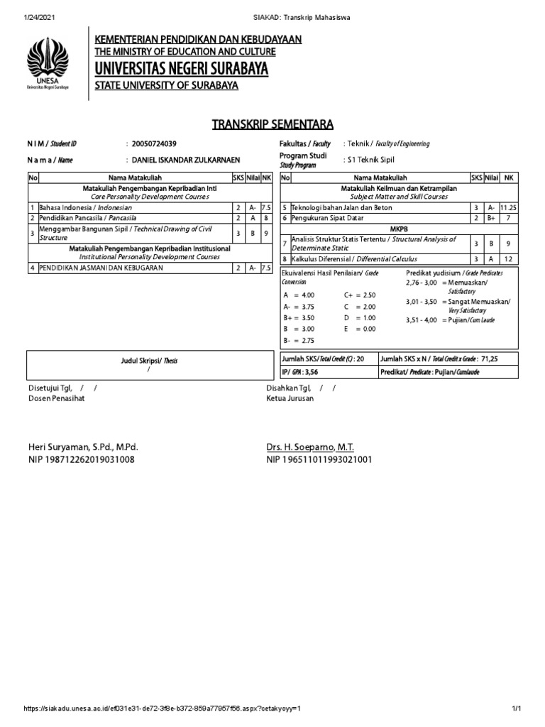 SIAKAD - Transkrip Mahasiswa | PDF | Indonesia