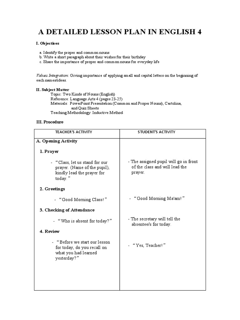 English 4 Lesson Plan: Nouns Overview | PDF | Lesson Plan | Noun