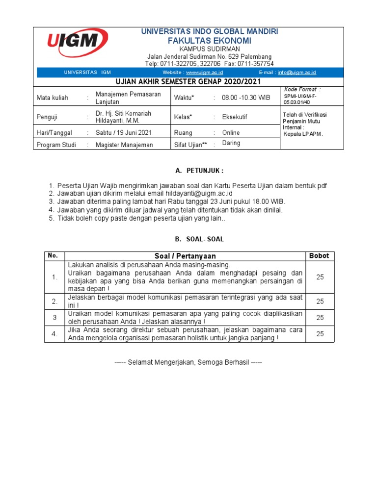 Soal UAS MPL S2 SMT Genap 2020-2021 | PDF
