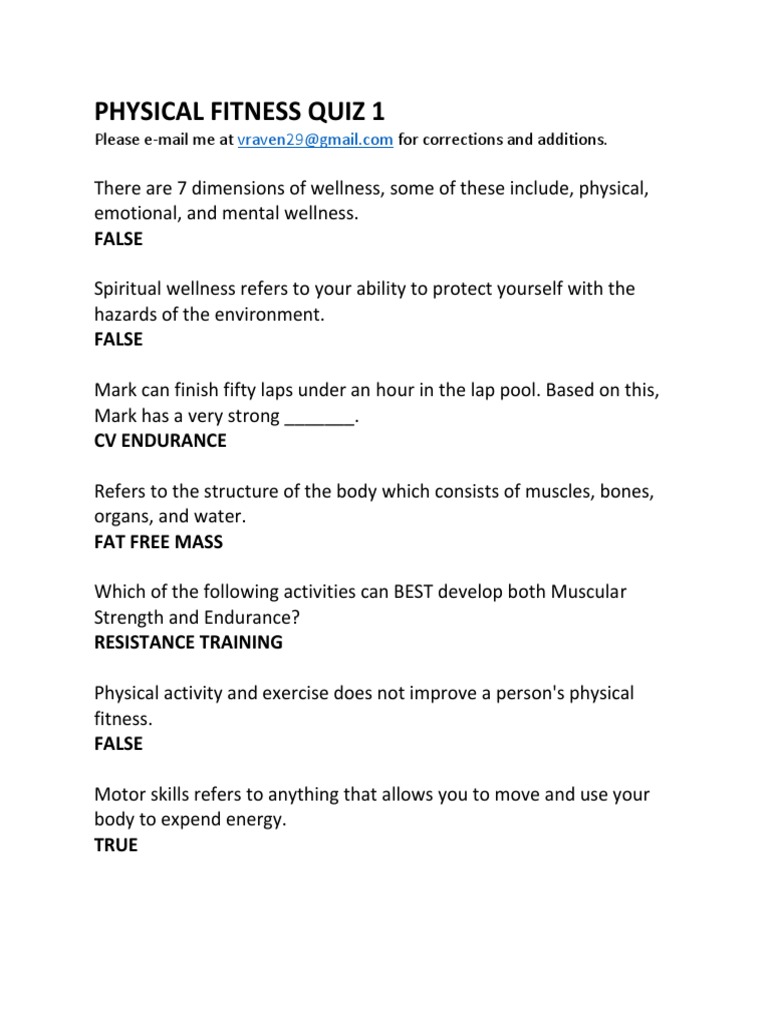 Physical Fitness Quiz 1 | PDF