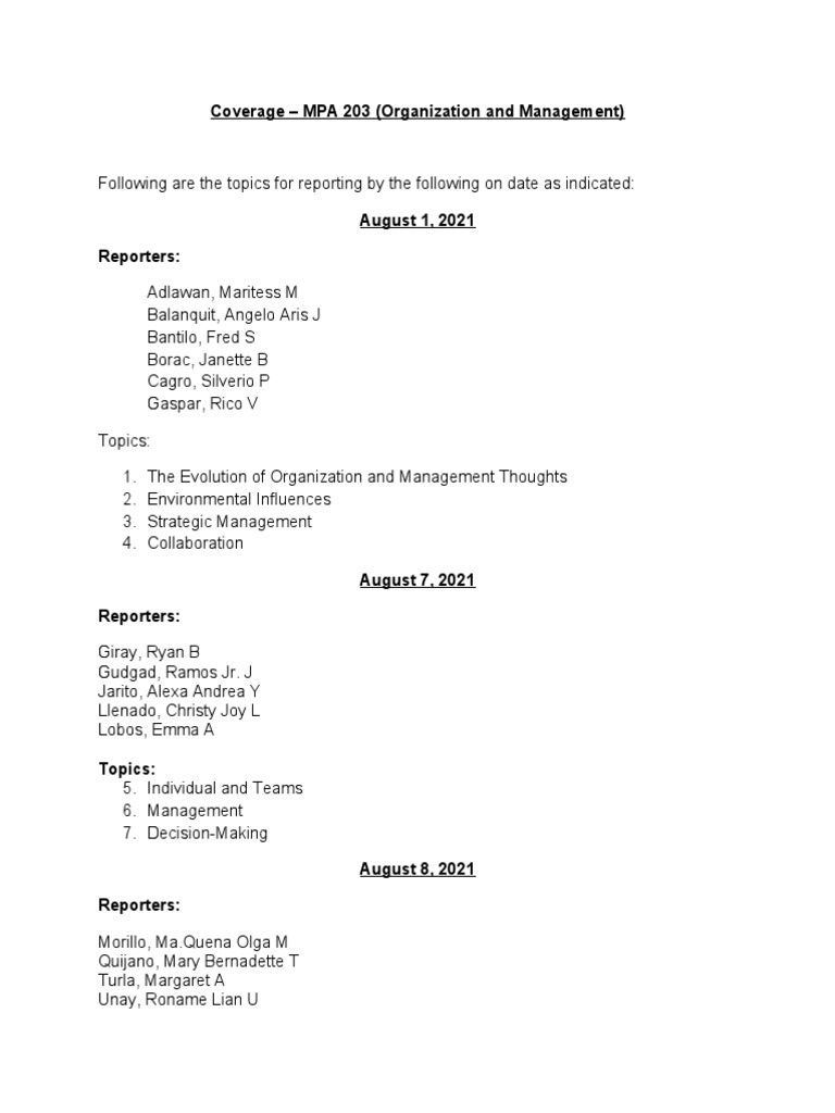Coverage - MPA 203 (Organization and Management) | PDF | Strategic ...
