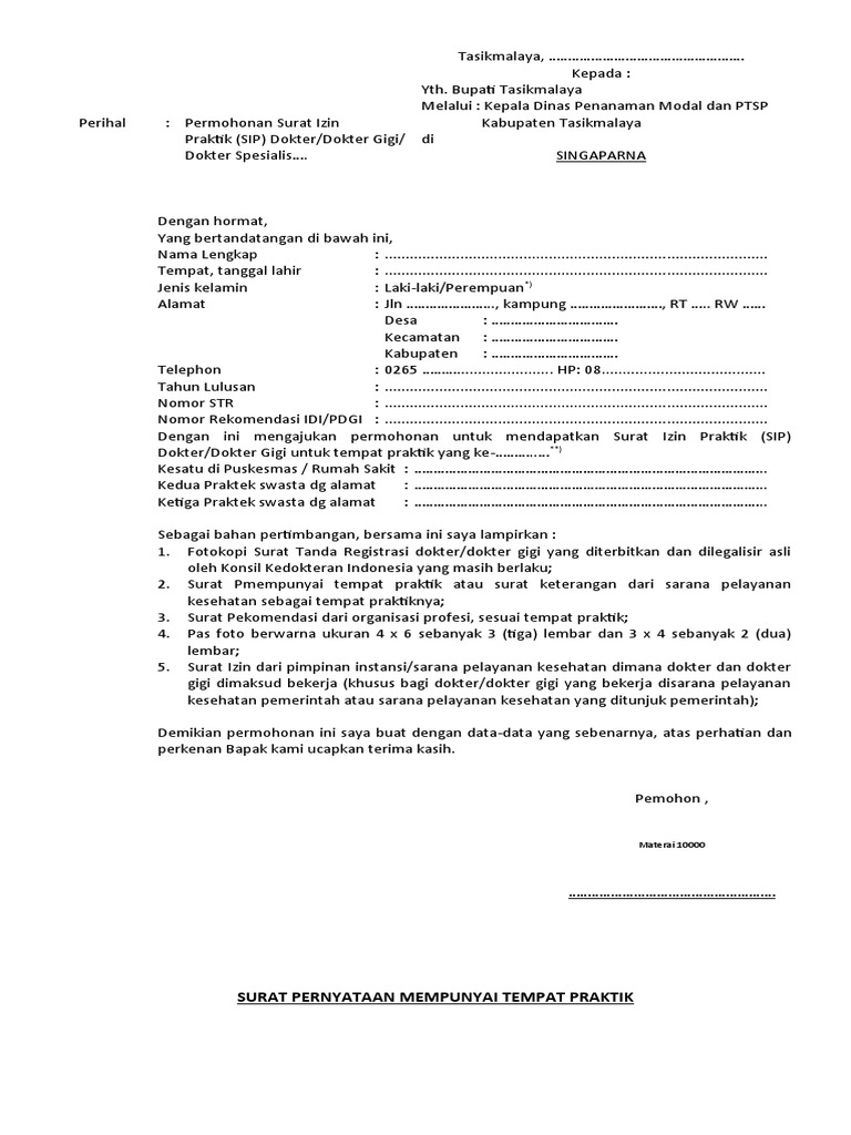 Form Permohonan SIP Dokter - Dokter Gigi | PDF