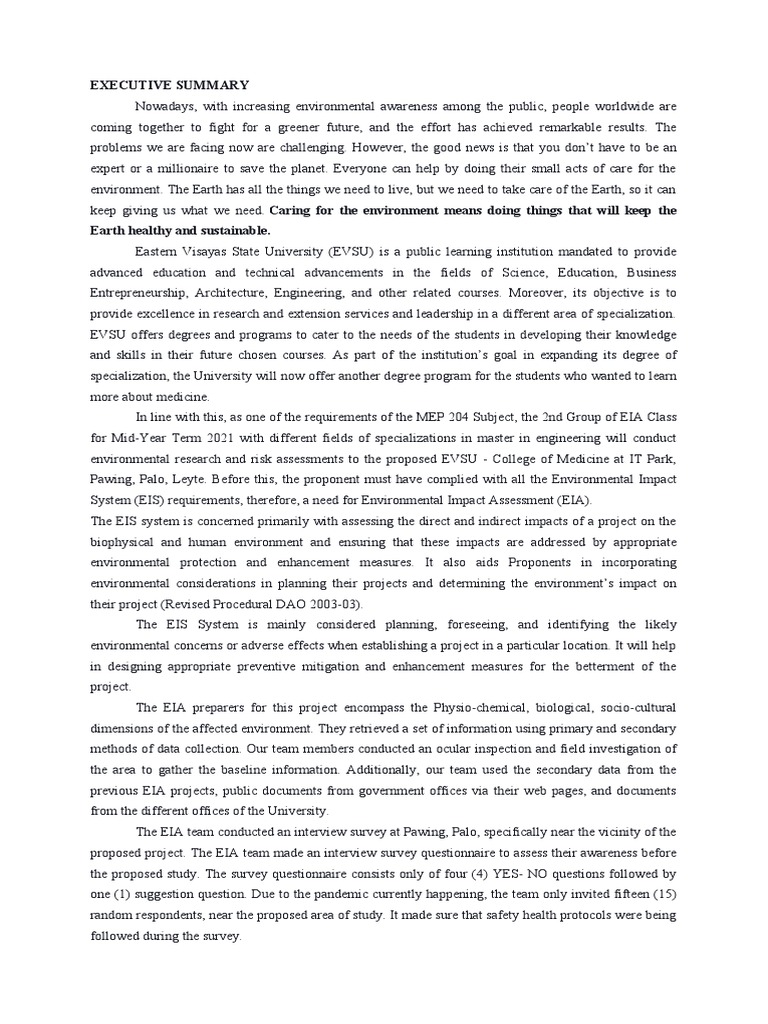 Executive Summary Eia | PDF | Environmental Impact Assessment Executive Summary Eia | PDF | Environmental Impact Assessment