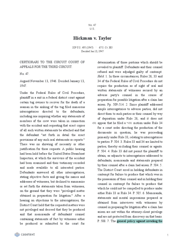 Hickman v. Taylor | PDF | Discovery (Law) | Justice