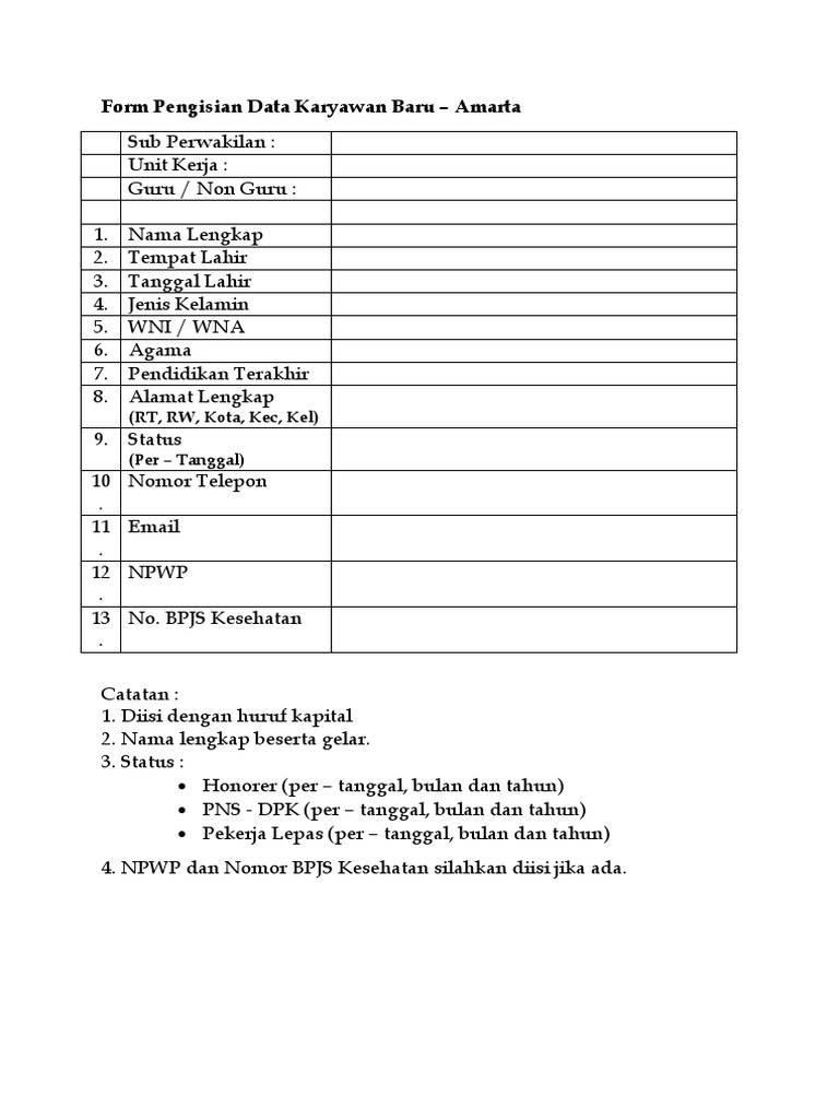 Formulir Data Karyawan Baru Amarta | PDF | Kesehatan Holistik