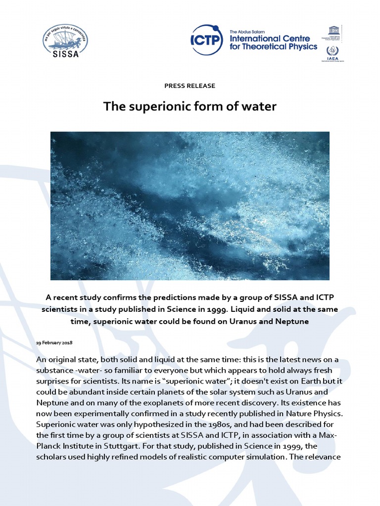 The Superionic Form of Water: Press Release | PDF | Water | Atoms