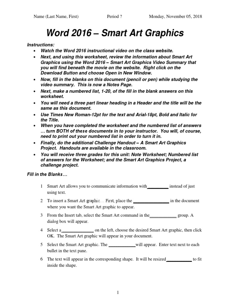 Word 2016 - Smart Art Graphics Worksheet | PDF | System Software | Software