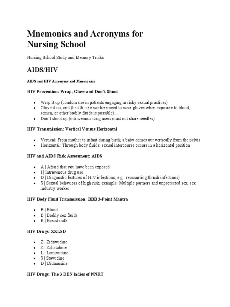 Mnemonics For Nursing | PDF | Stroke | White Blood Cell