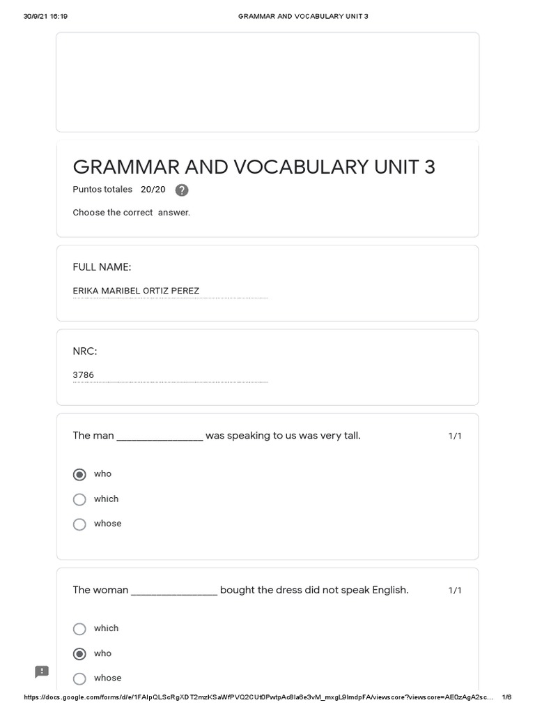 Grammar and Vocabulary Unit 3 | PDF