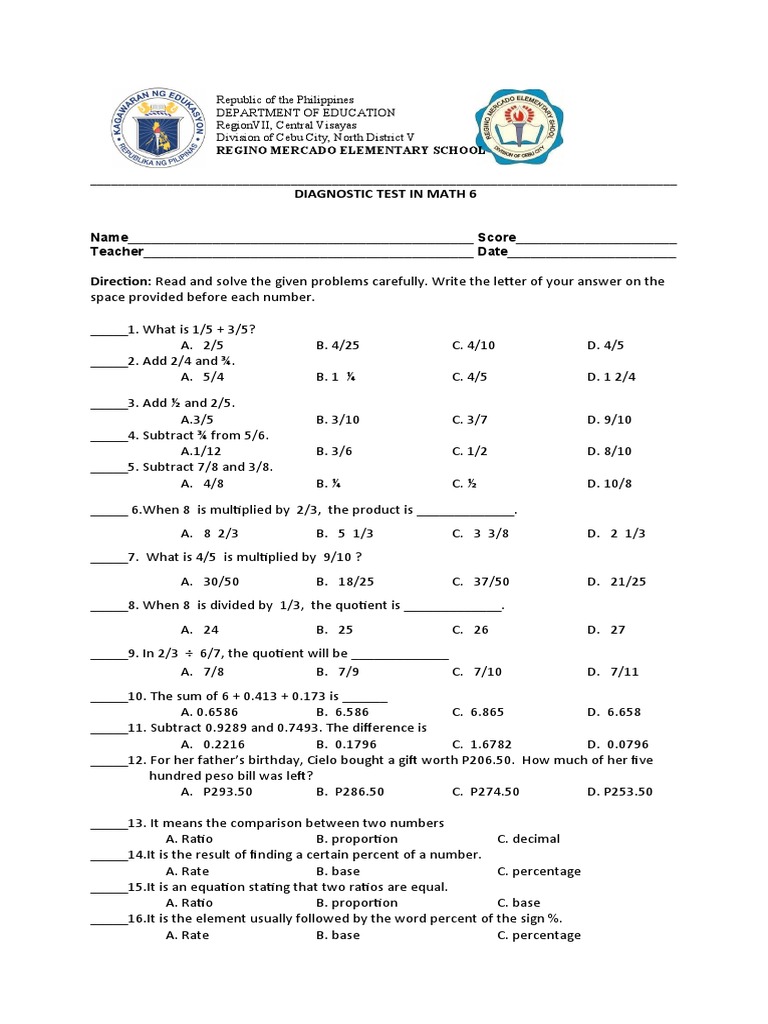 Diagnostic Test in Math 6 | PDF | Volume | Triangle