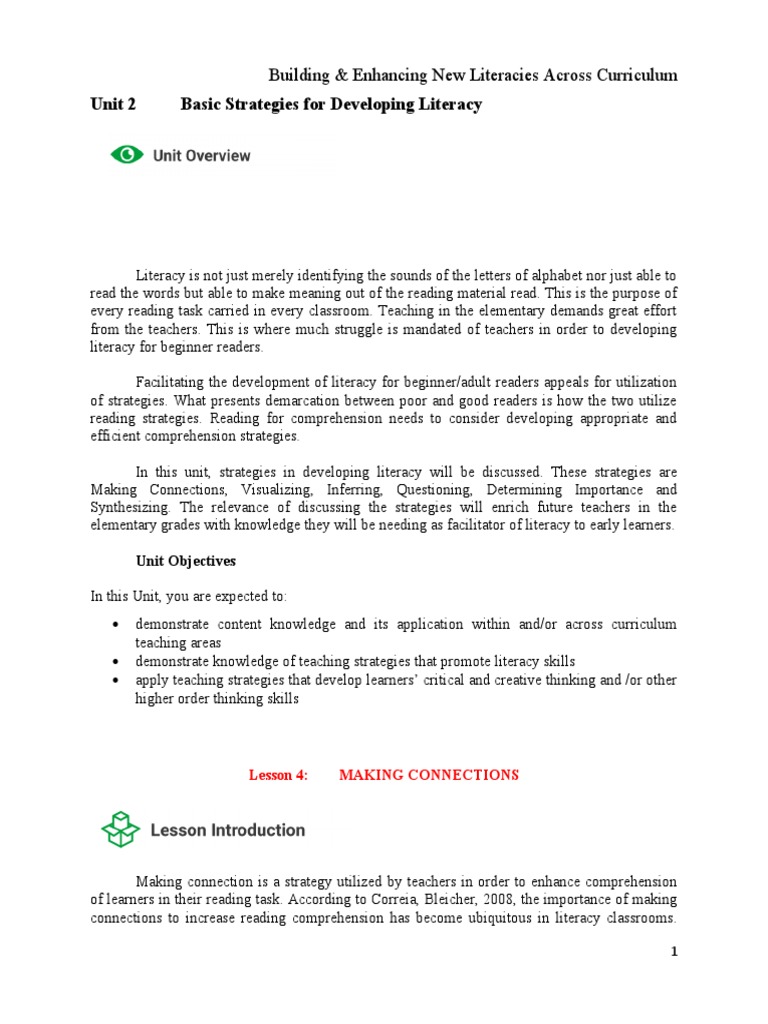 Unit 2 Basic Strategies For Developing Literacy: Building & Enhancing ...