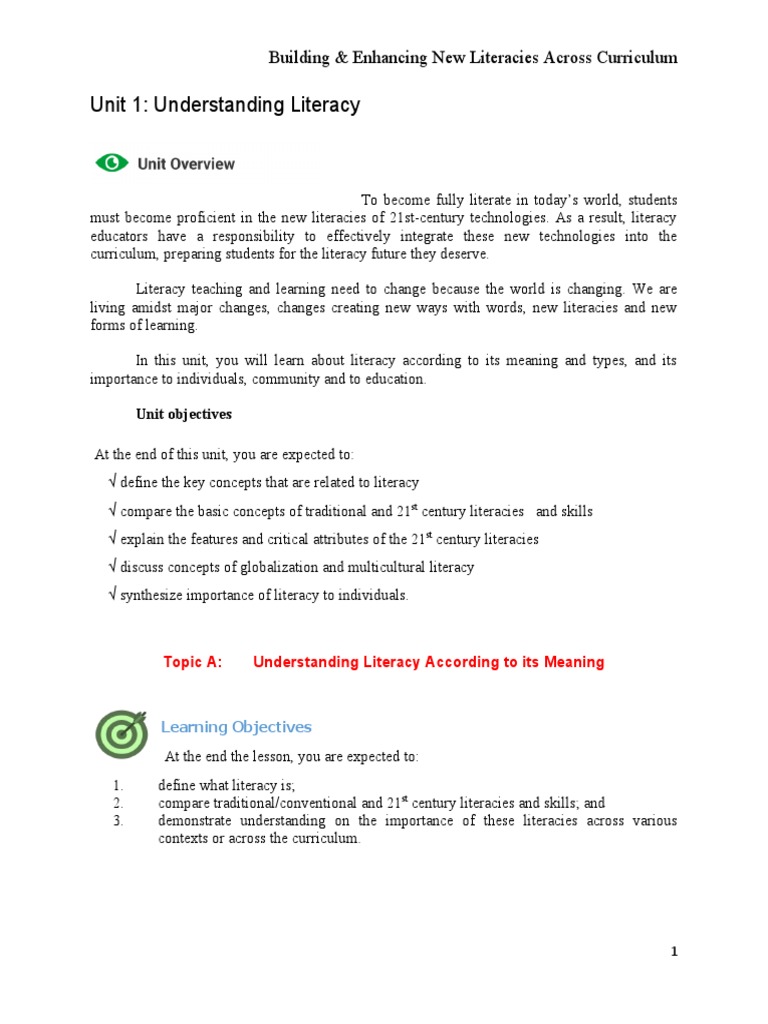 Unit 1 Understang Literacy Topics A C BENLAC 2 | PDF | Reading Comprehension | Literacy
