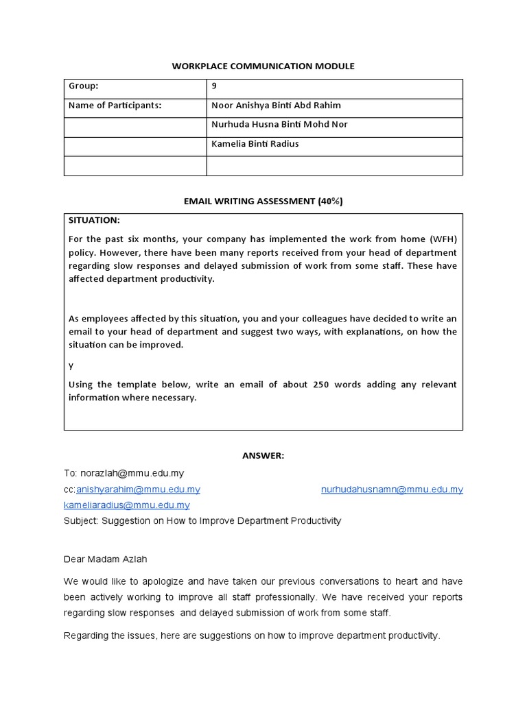 GROUP 9 - WC Assessment Email Answer | PDF | Communication | Leadership