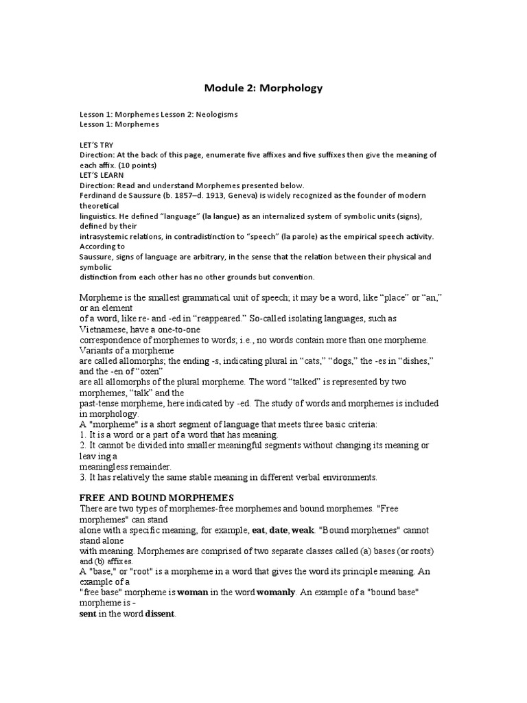 Module 2: Morphology: Free and Bound Morphemes | PDF | Word | Verb