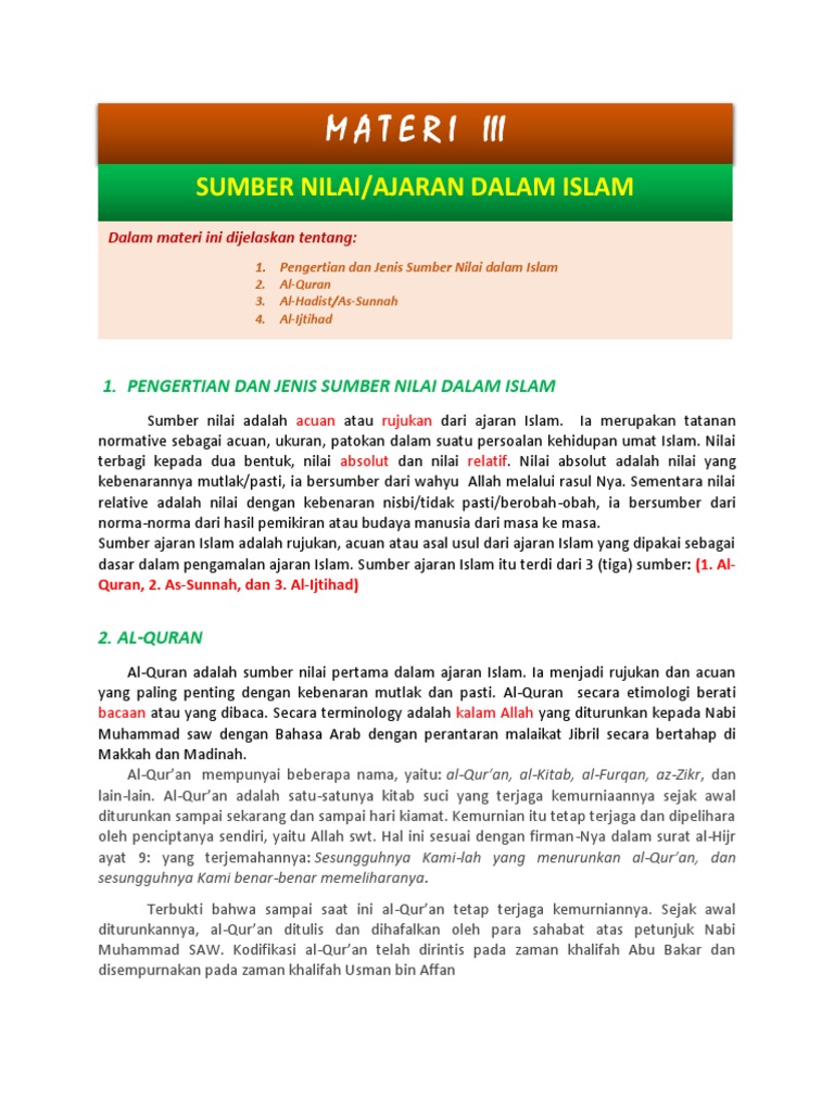 MATERI III. Sumber Nilai Dalam Ilsam | PDF | Filsafat